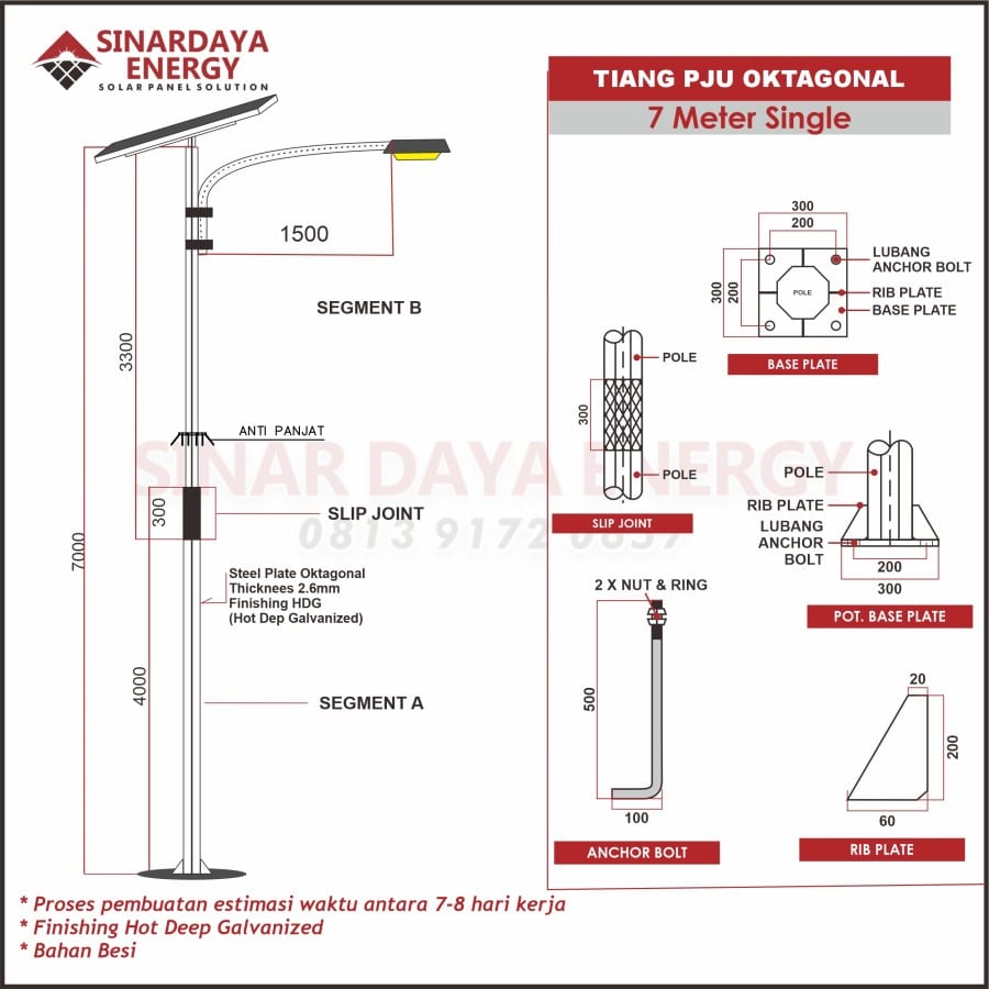 Tiang Lampu Tenaga Surya 7 meter okta Single Arm Hot deep Galvanish lengkap bracket | SINAR DAYA ...